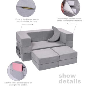 Elftopia Modular Kids Sofa,Toddler Couch Foam Armchair for Kids, Children Convertible Plush Sofa Play Set,Fold Out Sofa Bed(Grey)