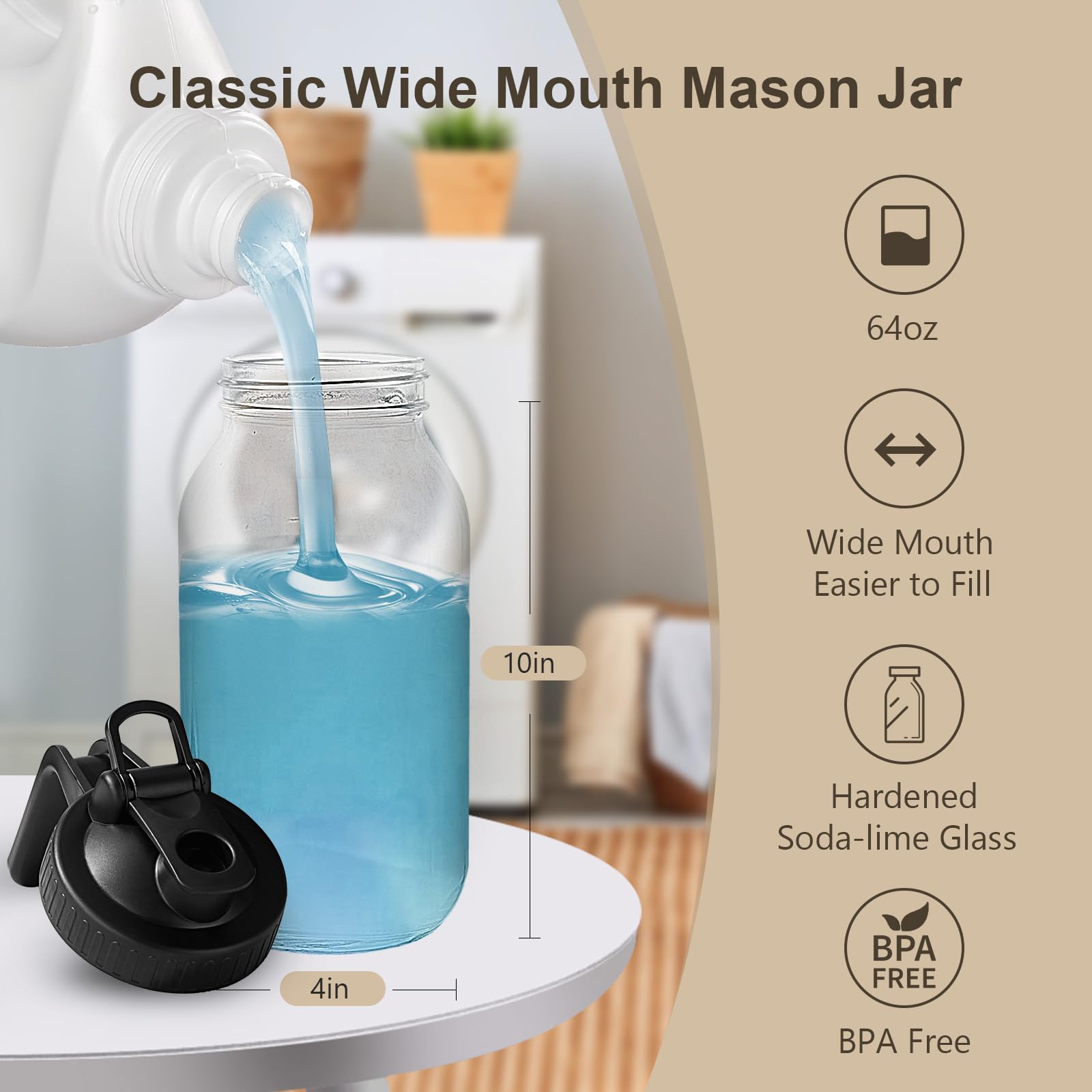 64oz Glass Pitcher with Lid - 2 Quart Mason Jar Pitcher with Spout, Leak-proof Milk Container for Refrigerator, Easy to Clean Wide Mouth Water Jug, Juice, Tea, Iced Coffee, Beverage and Drinks