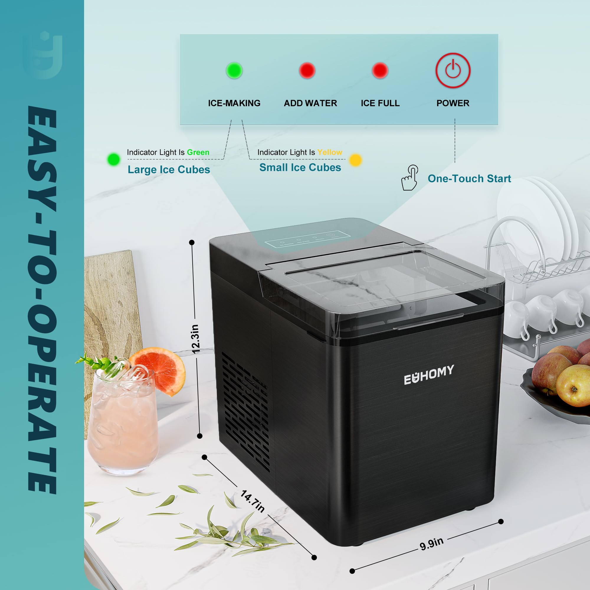 EUHOMY 34Lbs/24h Countertop Ice Maker Machine - Fully Flip Cover Cleaning, 2 Sizes Ice, 7 Mins 9 Bullet Ice, Portable Ice Maker with Basket and Scoop for Home/Kitchen/Office/Party. (Stainless)