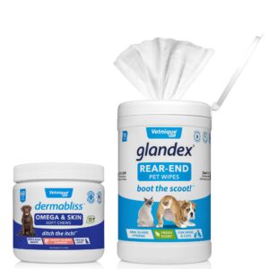 glandex anal gland hygienic pet wipes (75 ct) and dermabliss omega skin & coat chews (60 ct) bundle dog cleaning wipes with fresh scent for anal glands, skin and coat supplements for dogs