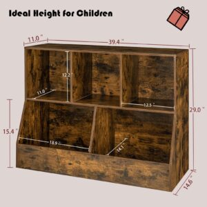 DINZI LVJ 5-Shelf Bookshelf, Rustic Brown Toy Storage Organizer with 2 Bins, Kids Bookcase for Playroom, Bedroom, Nursery, Hallway, School, 39.4" Long