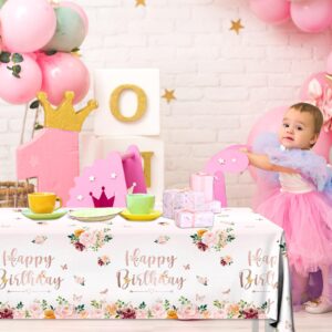 Gupesxu 3Pack Pink Rose Tablecloth-Happy Birthday Party Decoration Pink Floral Baby Shower Table Cover Plastic Rectangle Tables for Girl Kids Wedding,Sweet 16 Birthday Party