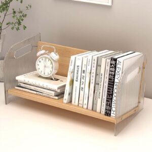 desktop bookshelf, tilted mini bookshelf for desk, elegant tabletop bookshelf（acrylic and wooden ）, book shelf for books magazine cd, tiny bookshelf and storage rack in living room/office/home.