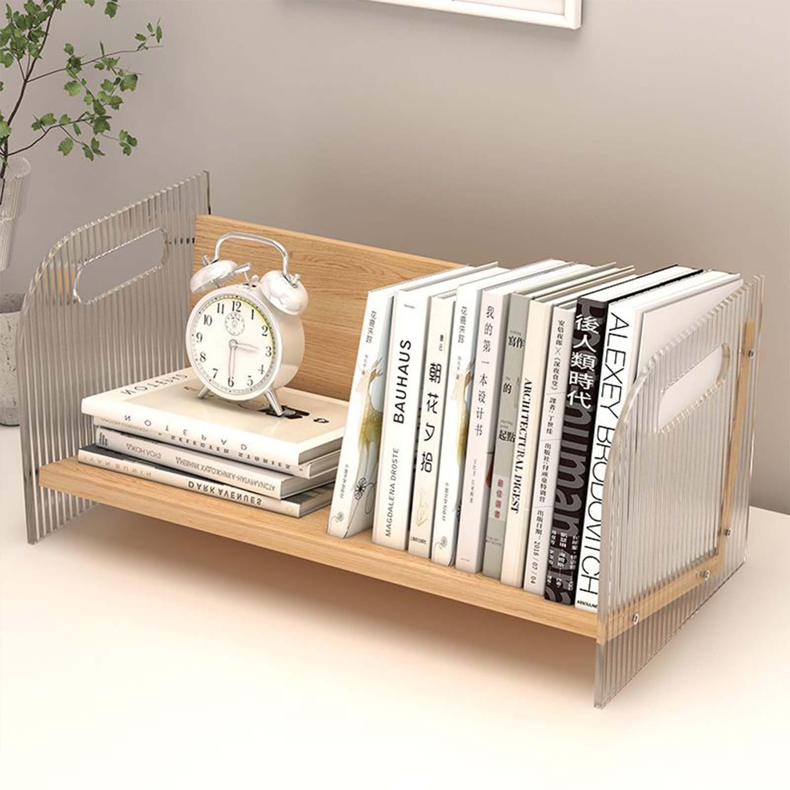 Desktop Bookshelf, Tilted Mini Bookshelf for Desk, Elegant Tabletop Bookshelf（Acrylic and Wooden ）, Book Shelf for Books Magazine CD, Tiny Bookshelf and Storage Rack in Living Room/Office/Home.