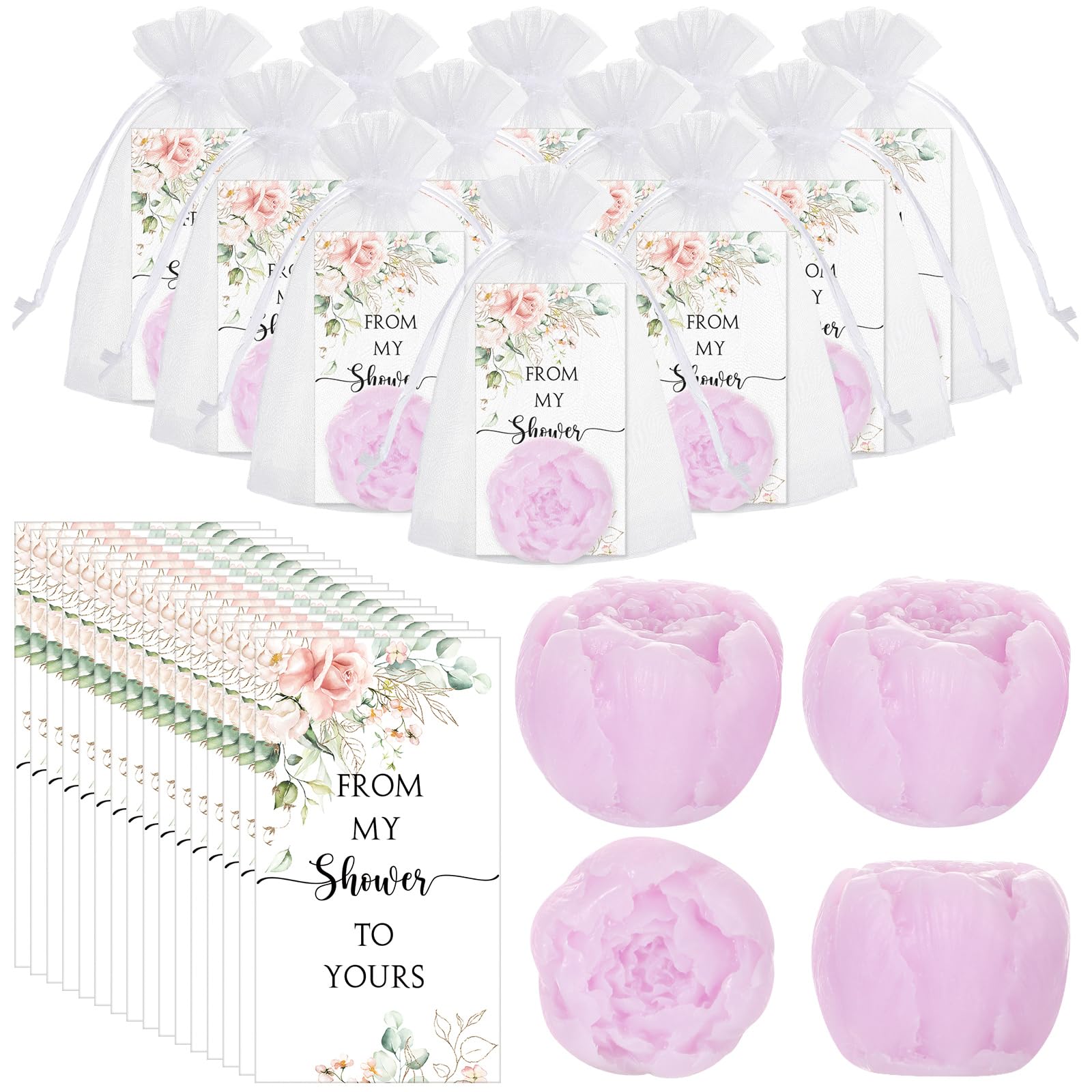 Dansib 50 Sets Rose Style Mini Soap for Wedding Party Favors Bridal Shower Baby Shower Guests Gift Keepsake Scented Soaps with Organza Bags and Cards(Purple)