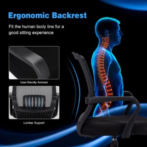 GRAFFY Office Desk Chair, 300 LBS Mesh Computer Chair w/Cushioned Seat, Executive Height Adjustable Rolling Chair, Mid Back Swivel Task Chair, Ergonomic Office Chair w/Lumbar Arm Support, Black