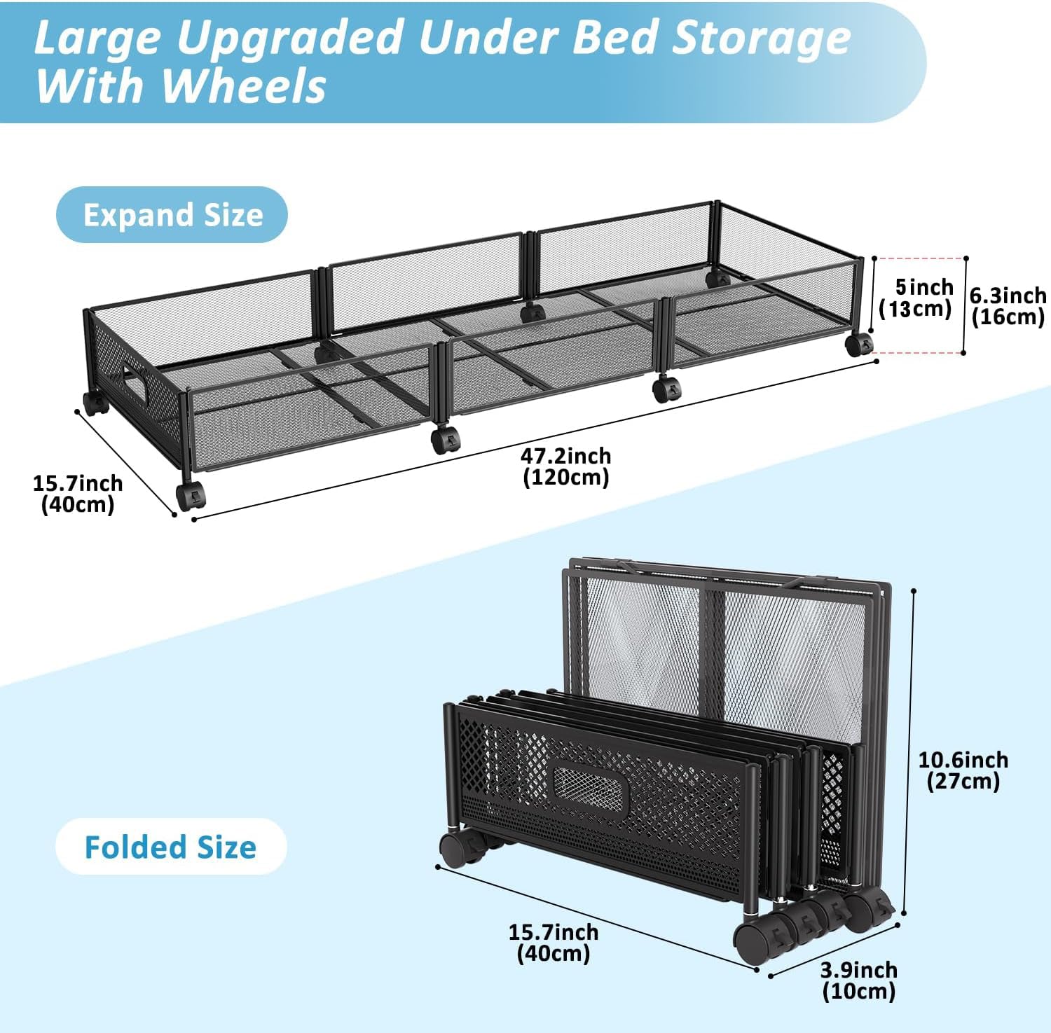 Nonkky 47.2'' Long Under Bed Storage, 57.6L Large Capacity Under Bed Storage with Wheels, Rolling Under the Bed Storage Containers, Tool-Free Assembly Foldable Underbed Shoes Clothes Storage Drawers