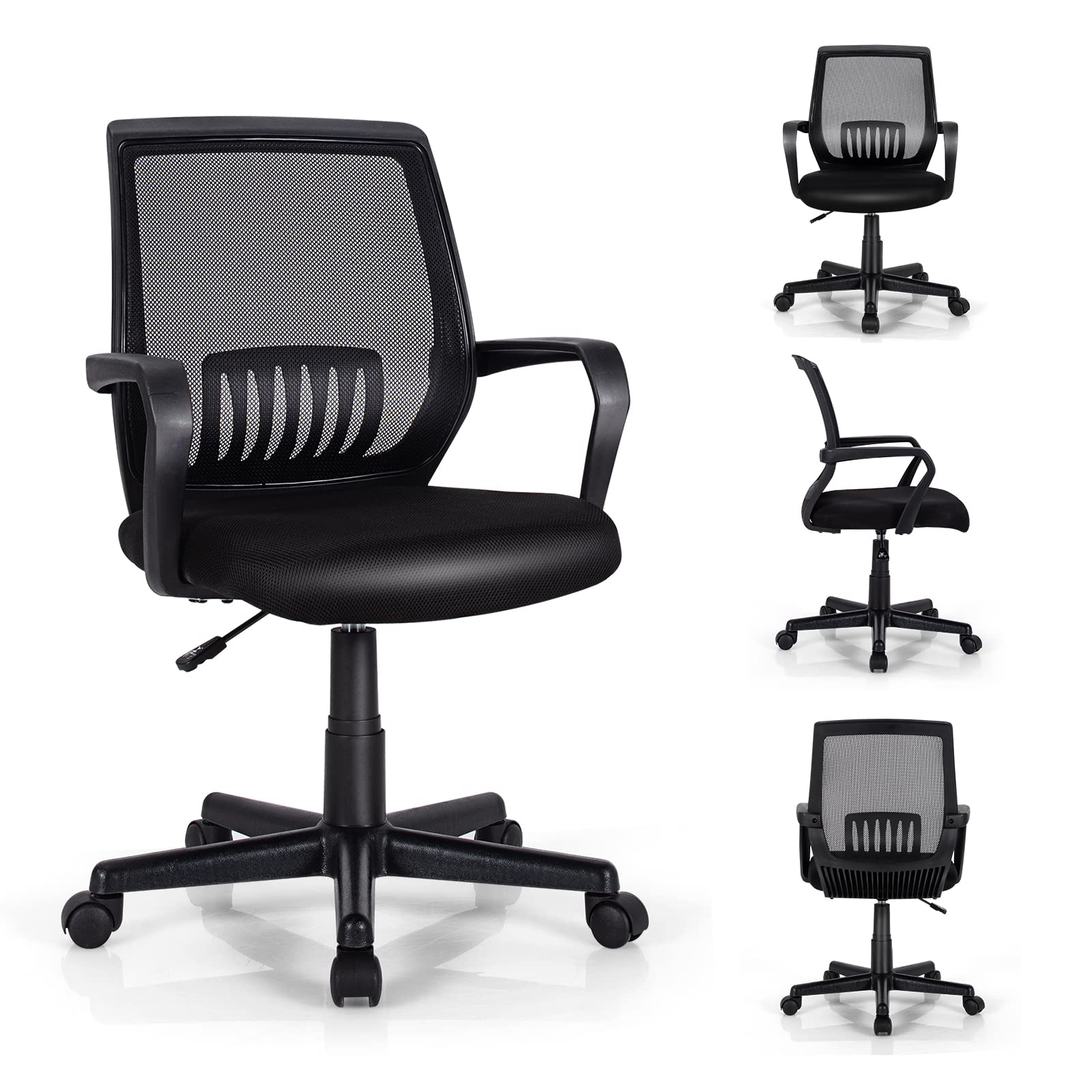 GRAFFY Office Desk Chair, 300 LBS Mesh Computer Chair w/Cushioned Seat, Executive Height Adjustable Rolling Chair, Mid Back Swivel Task Chair, Ergonomic Office Chair w/Lumbar Arm Support, Black