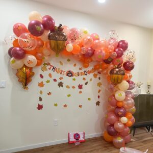 Fall Balloon Arch Kit, Fall Birthday Party Decor Orange Burgundy Dusty Pink Nude Balloon Garland with Maple Acorn Foil Balloons for Thanksgiving Autumn Fall Birthday Bridal Shower Party Decorations