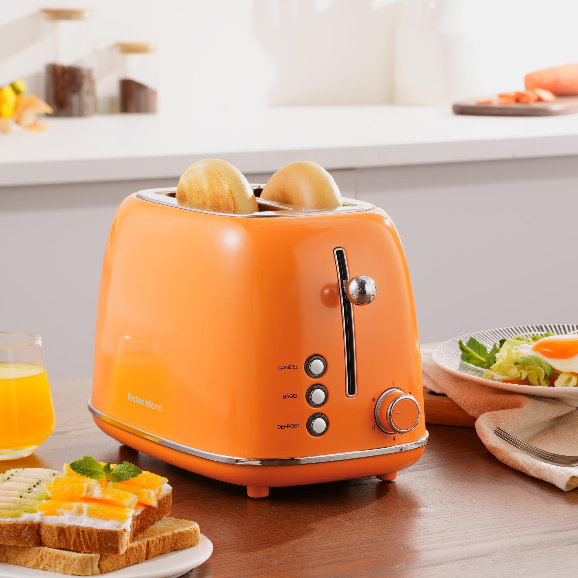 2 Slice Toaster Roter Mond Retro Stainless Steel Toaster with Bagel, Cancel, Defrost Function and 6 Bread Shade Settings Bread Toaster, Extra Wide Slot and Removable Crumb Tray, Orange