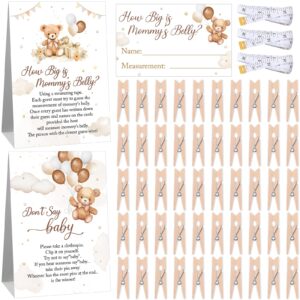 suzile 105 pcs bear theme baby shower games include how big is mommy's belly game measure mommy's belly sign don't say baby sign with 50 mini clothespins 50 pcs guessing cards 3 rolls measuring tape