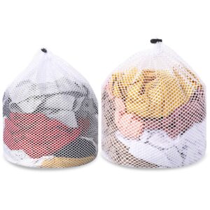 2pcs mesh laundry bags for socks, machine washable drawstring design travel mesh laundry wash bags white drawstring garment bags for laundry storage for home dorm hotel travel use,12x16inch, 16x20inch