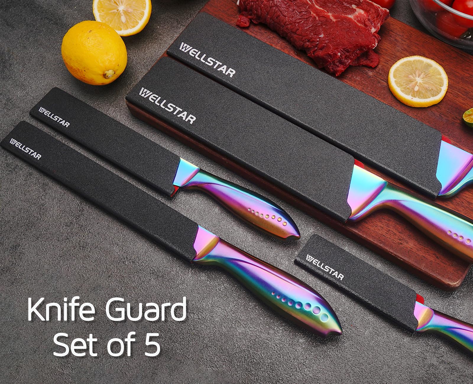 WELLSTAR Knife Edge Guards Set, 5 Piece Universal Blade Covers, BPA Free ABS Protective Blade Sheaths, Non-Scratch Felt Lining Kitchen Knives Covers (Knives not included)