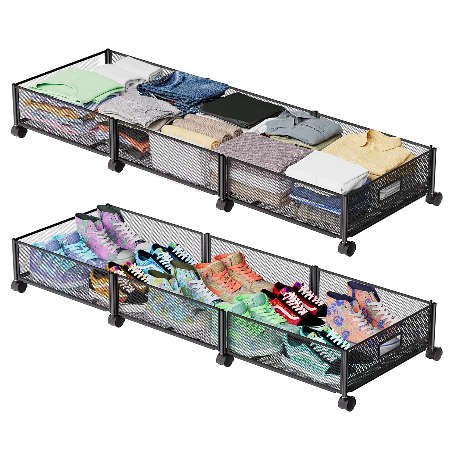 Nonkky 47.2'' Long Under Bed Storage, 57.6L Large Capacity Under Bed Storage with Wheels, Rolling Under the Bed Storage Containers, Tool-Free Assembly Foldable Underbed Shoes Clothes Storage Drawers