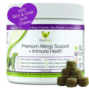 ecobark natural dog allergy & immune chews with super greens- omega 3 skin and coat supplements for dogs - gluten free probiotic allergy support & relief for a shiny coat with colostrum & bee propolis