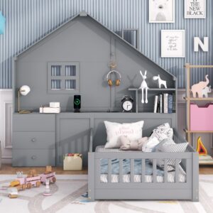 Floor Bed with Rails and House Shape Headboard, Twin Size House Beds with Storage Drawers and Shelves, Kids Montessori Bed with Charging Station for Girls Boys, USB Port & Outlets, Gray