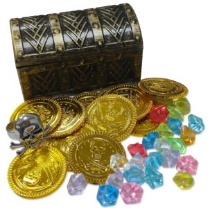 hopelj kids mini pirate treasure chest toy kit - plastic small pirate chest box with 12 skull gold coins, 24 gems, 1 ring for boys girls halloween party favor pirate costume prop