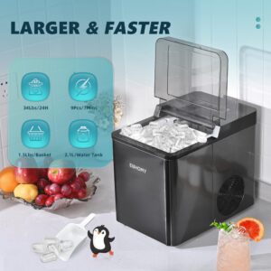 EUHOMY 34Lbs/24h Countertop Ice Maker Machine - Fully Flip Cover Cleaning, 2 Sizes Ice, 7 Mins 9 Bullet Ice, Portable Ice Maker with Basket and Scoop for Home/Kitchen/Office/Party. (Stainless)