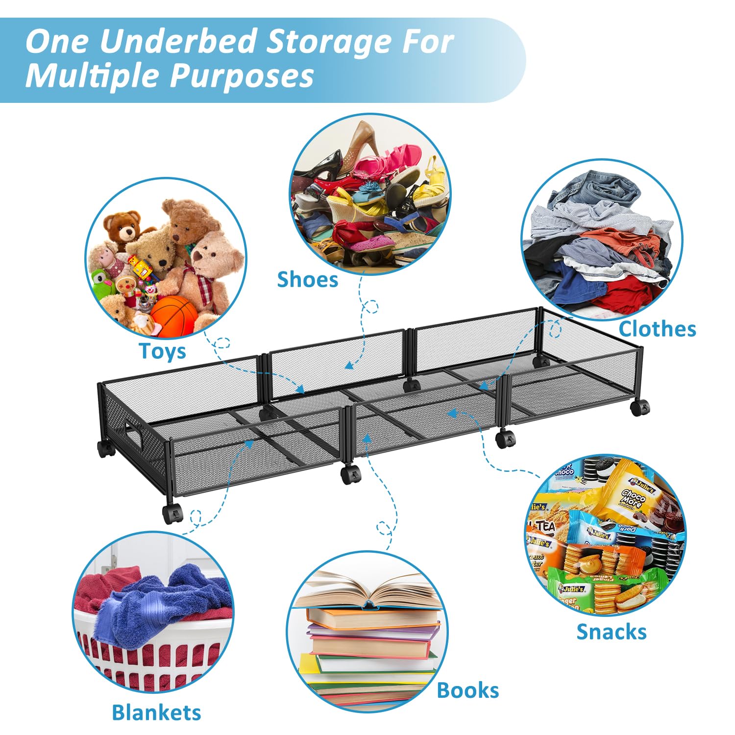 Nonkky 47.2'' Long Under Bed Storage, 57.6L Large Capacity Under Bed Storage with Wheels, Rolling Under the Bed Storage Containers, Tool-Free Assembly Foldable Underbed Shoes Clothes Storage Drawers