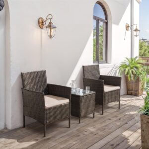 Flamaker Patio Furniture Set 3 Pieces All-Weather Rattan Outdoor Furniture Patio Chairs with Tempered Glass Table for Porch Bistro Balcony (Brown/Cream)