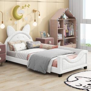 Linique Twin Size Teddy Fleece Upholstered Daybed with Rabbit Carton Ears Shaped Headboard,Twin Wooden Daybed Frame for Girls