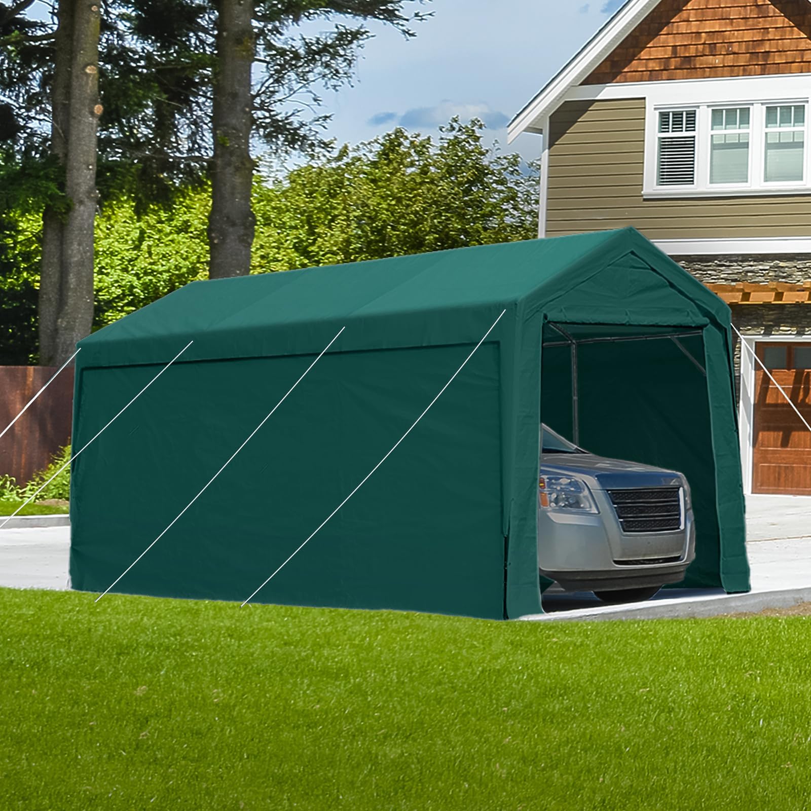 ADVANCE OUTDOOR 12x20 ft Heavy Duty Carports with Sidewalls and Doors, Adjustable Height from 9.5 ft to 11 ft, Car Canopy Garage Party Tent Boat Shelter with 8 Reinforced Poles and 4 Sandbags, Green