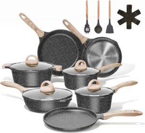 jeetee pots and pans set non stick induction cookware sets, 19 pcs w/frying pan, saucepan, sauté pan, griddle pan, pfoa free