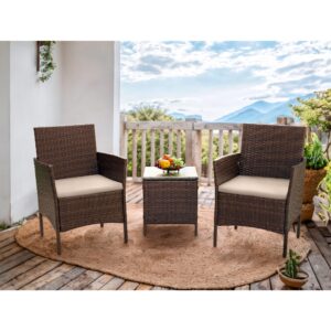 Flamaker Patio Furniture Set 3 Pieces All-Weather Rattan Outdoor Furniture Patio Chairs with Tempered Glass Table for Porch Bistro Balcony (Brown/Cream)