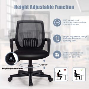 GRAFFY Office Desk Chair, 300 LBS Mesh Computer Chair w/Cushioned Seat, Executive Height Adjustable Rolling Chair, Mid Back Swivel Task Chair, Ergonomic Office Chair w/Lumbar Arm Support, Black