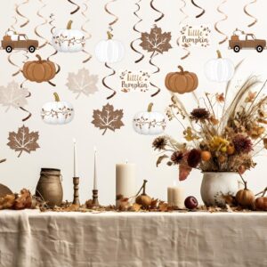 K KUMEED Fall Party Hanging Swirls Decorations,20Pcs Little Pumpkin Ceiling Hanging Decorations,Boho White Pumpkin Leaf Truck Cutouts for Home Autumn Theme Baby Shower Harvest Decor Party Supplies