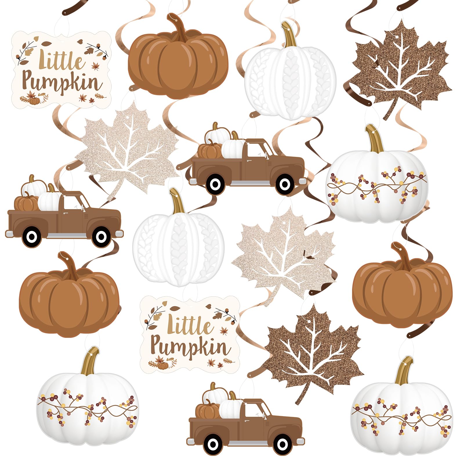 K KUMEED Fall Party Hanging Swirls Decorations,20Pcs Little Pumpkin Ceiling Hanging Decorations,Boho White Pumpkin Leaf Truck Cutouts for Home Autumn Theme Baby Shower Harvest Decor Party Supplies