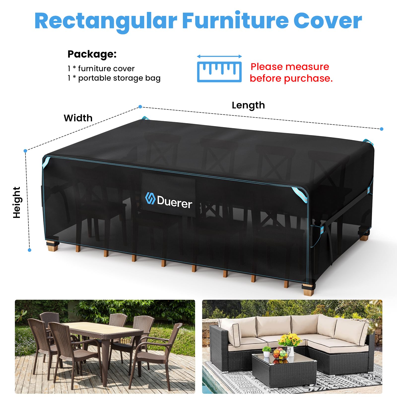 Duerer Patio Furniture Covers Waterproof 420D Outdoor Furniture Covers 126"L X 63"W X 28"H, for Patio Furniture Sets, Sofa, Table and Chair Set Cover, Anti-UV Rain Snow Dust Wind-Proof with Air Vent