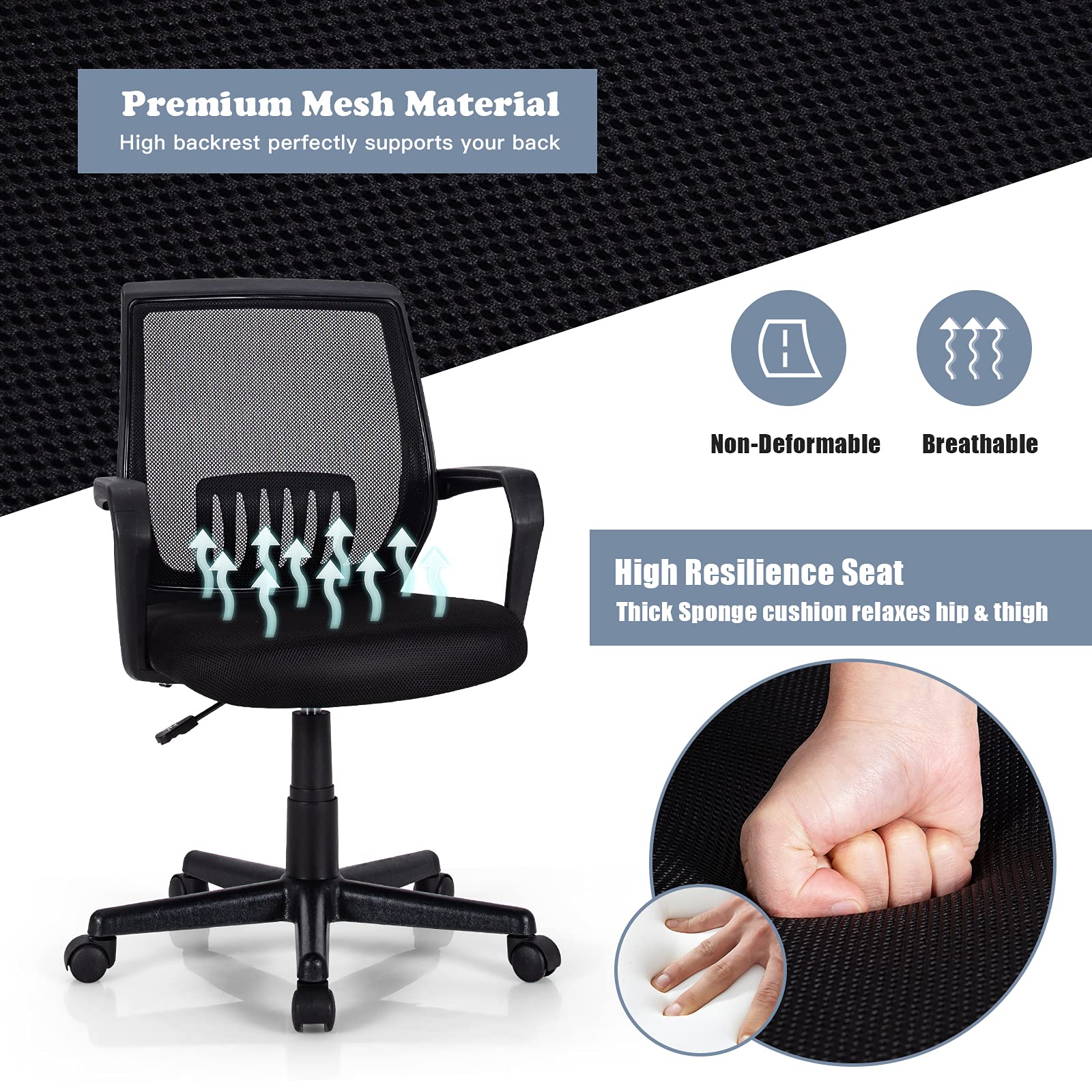 GRAFFY Office Desk Chair, 300 LBS Mesh Computer Chair w/Cushioned Seat, Executive Height Adjustable Rolling Chair, Mid Back Swivel Task Chair, Ergonomic Office Chair w/Lumbar Arm Support, Black