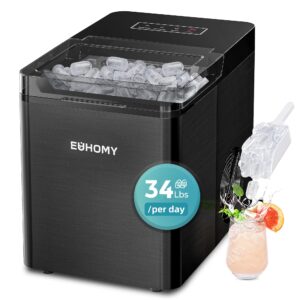 euhomy 34lbs/24h countertop ice maker machine - fully flip cover cleaning, 2 sizes ice, 7 mins 9 bullet ice, portable ice maker with basket and scoop for home/kitchen/office/party. (stainless)