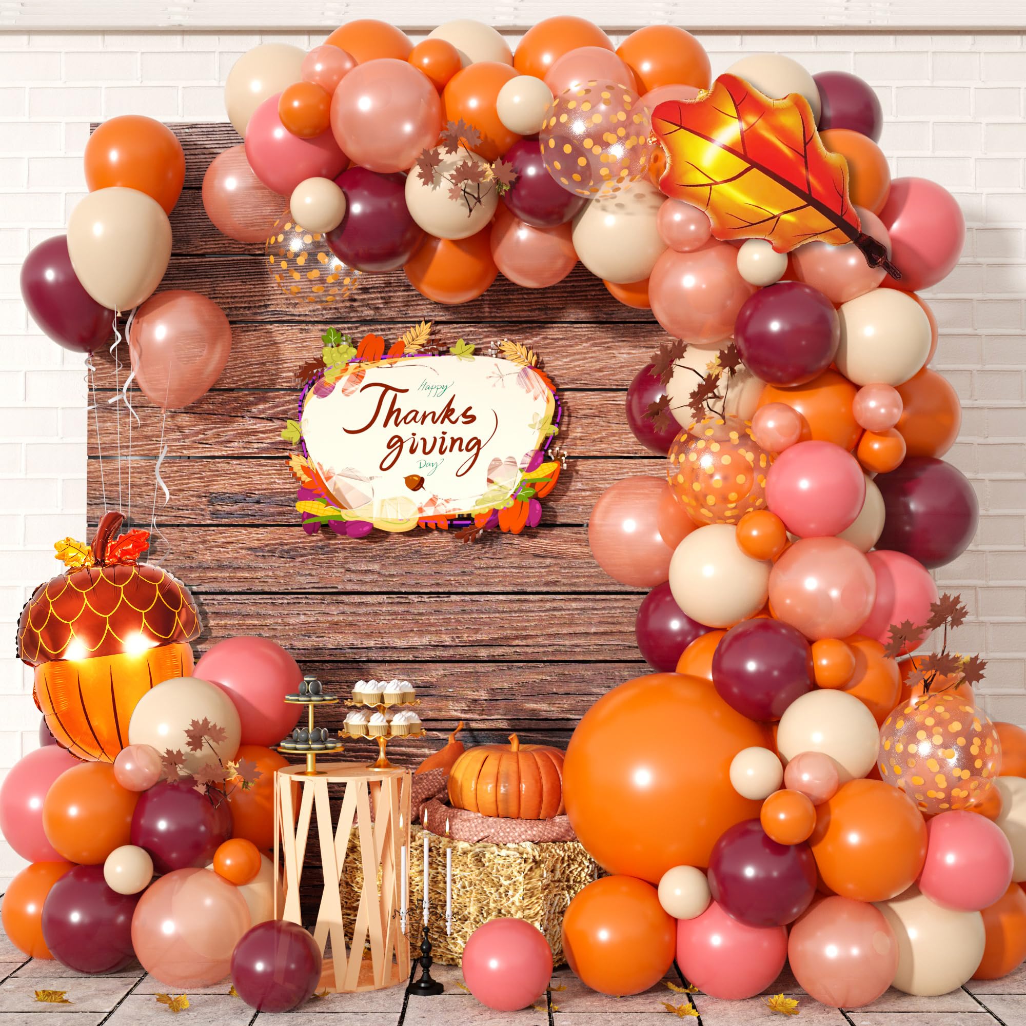 Fall Balloon Arch Kit, Fall Birthday Party Decor Orange Burgundy Dusty Pink Nude Balloon Garland with Maple Acorn Foil Balloons for Thanksgiving Autumn Fall Birthday Bridal Shower Party Decorations