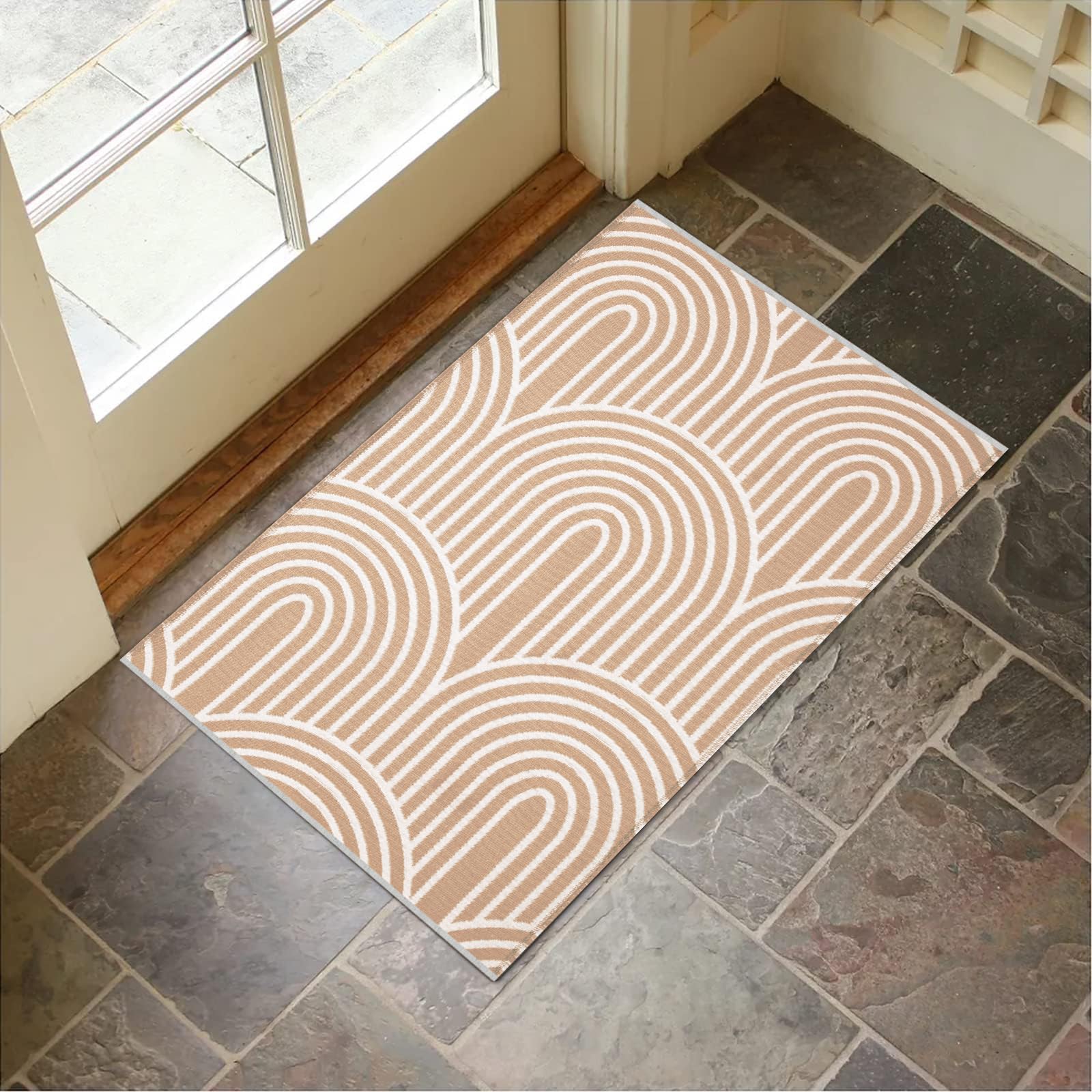 LEEVAN Washable Bathroom Rug, 2'x3' Low Profile Entryway Rug Tan Reversible Door Mat, Cotton Woven Non-Shedding Kitchen Rug Farmhouse Bedroom Rug Carpet for Foyer Front Porch Decor