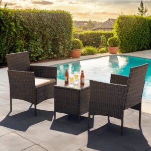 Flamaker Patio Furniture Set 3 Pieces All-Weather Rattan Outdoor Furniture Patio Chairs with Tempered Glass Table for Porch Bistro Balcony (Brown/Cream)