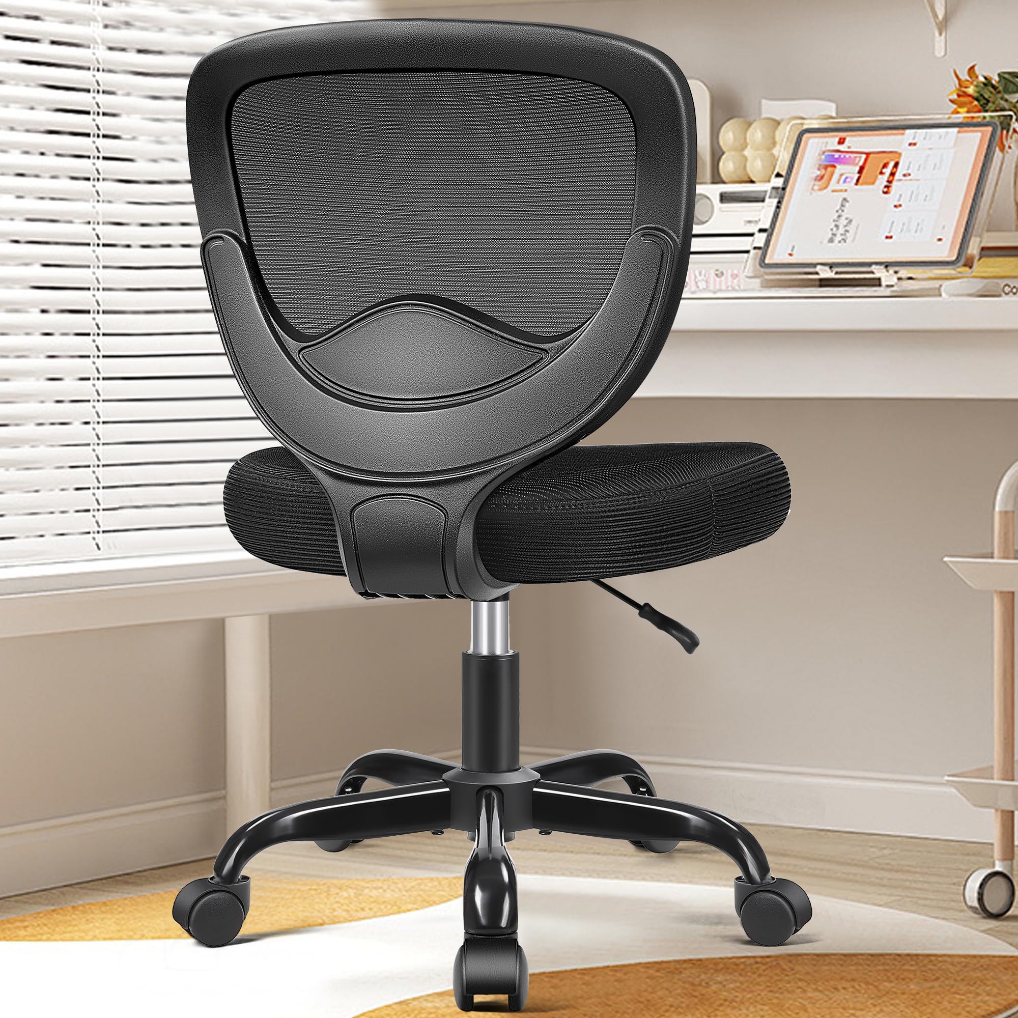 Razzor Office Chair, Comfy Desk Chair for Bedroom, Swivel Computer Desk Chair with Rolling Wheels, Armless Office Chair with Mesh Back Support, Adjustable Height Computer Chair for Home, Black