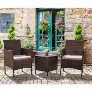 Flamaker Patio Furniture Set 3 Pieces All-Weather Rattan Outdoor Furniture Patio Chairs with Tempered Glass Table for Porch Bistro Balcony (Brown/Cream)