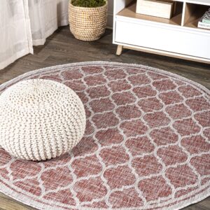 jonathan y smb109c-9r trebol moroccan trellis textured weave indoor/outdoor area rug, modern, bohemian, contemporary for bedroom, kitchen, living room, easy-cleaning, red/beige, 9' round