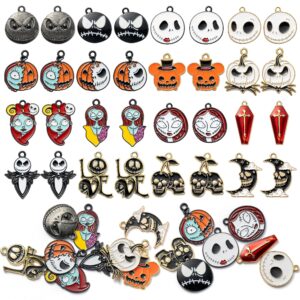 7ilaewen 32pcs jack and sally christmas charms pendants, horror enamel charm pumpkin ghost alloy charms halloween scary earring necklace bracelet charms for jewelry making diy crafts xmas gifts