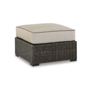 signature design by ashley coastline bay outdoor patio all-weather resin wicker ottoman with cushion, beige & dark brown