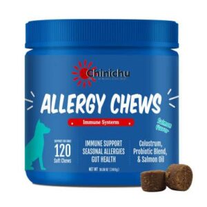 chinichu dog allergy relief - soft chews for skin & seasonal allergies - anti itch - omega 3 probiotics - salmon oil digestive health - salmon flavor - 120 count (seafood, small)