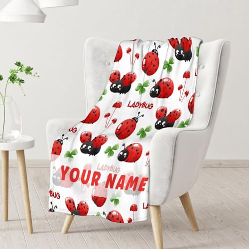 Personalized Ladybug Throw Blanket - Soft, Fuzzy & Warm - 40x50 Inches Small Blanket for Couch, Sofa - White Cute Throw Gift for Girls, Boys