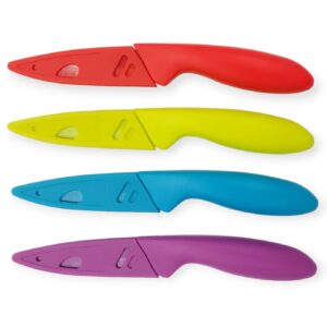 Handy Housewares 4pc Colorful Paring Knife Set with Sheath Covers, 3-inch Blade Covered Paring Knife