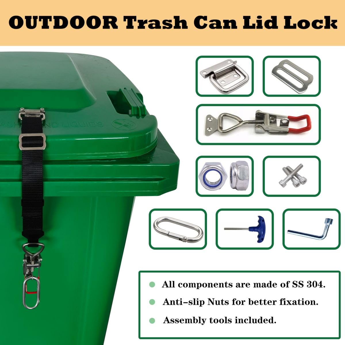 Bear Proof Trash Can Lid Lock,Trash Can Locks for Animals,Heavy Duty Trash Can Lock,Garbage Can Locks for Animals,Squirrels, Dogs, Raccoons(1 Pack)