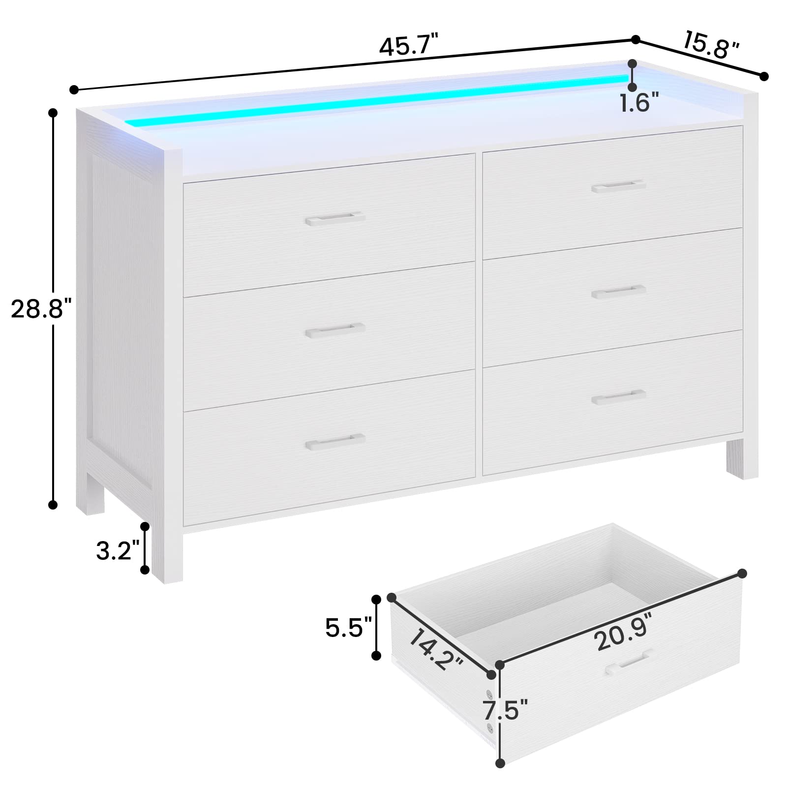 Hasuit White Dresser for Bedroom with LED Lights, Large Capacity Wooden Storage Cabinet, Chest of 6 Drawers, 6 Drawer Dresser for Hallway, Entryway