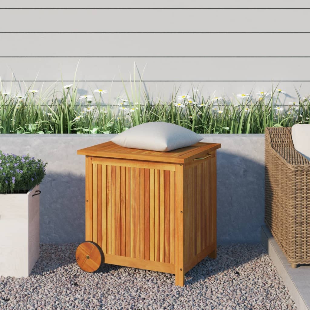 GOLINPEILO Wooden Patio Storage Box with 2 Wheels, Outdoor Garden Storage Box, Outdoor Wood Storage Container for Patio, Garden, 23.6"x19.7"x22.8" Solid Wood Acacia-AA