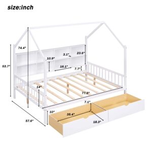 Harper & Bright Designs Full Size House Bed with Storage Drawers & Shelves, Montessori Bed Full Platform Bed Frame with Roof, Tent Bed, Solid Wood Playhouse Bed for Kids Teens Girls Boys (White)