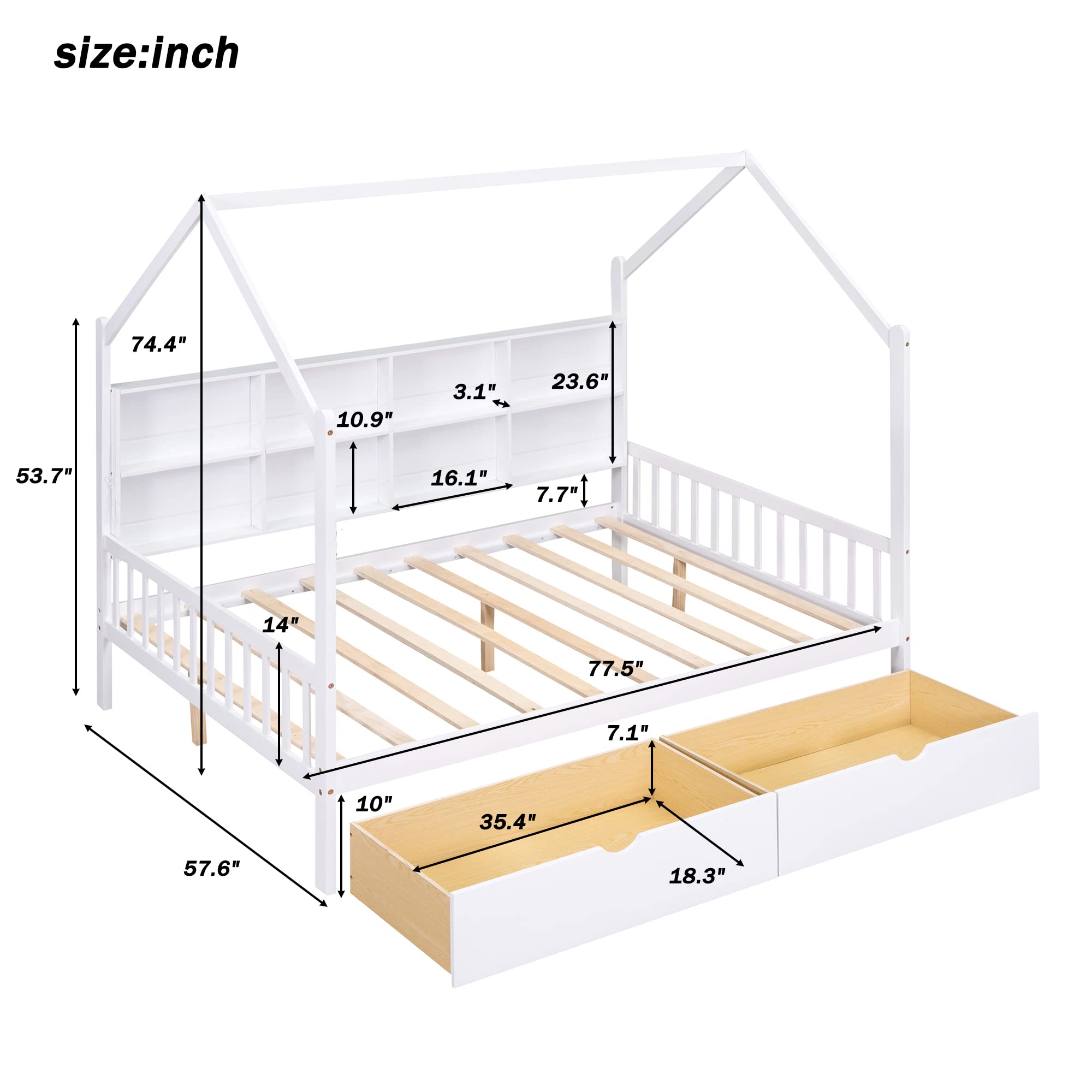 Harper & Bright Designs Full Size House Bed with Storage Drawers & Shelves, Montessori Bed Full Platform Bed Frame with Roof, Tent Bed, Solid Wood Playhouse Bed for Kids Teens Girls Boys (White)